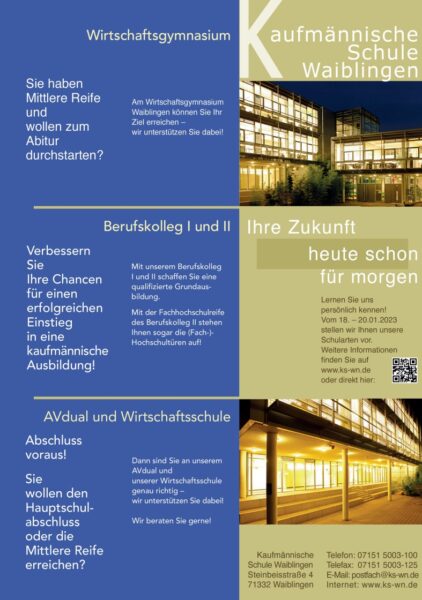 Infoveranstaltungen für das neue Schuljahr 2023/24 – Kaufmännische Schule Waiblingen